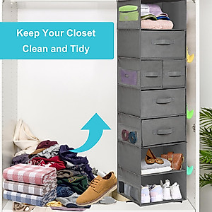 7-Shelf Hanging Closet Organizer with 5 Drawers, Hanging Closet Shelves Storage and 8 Mesh Pockets, Closet Organization and Storage for Wardrobe, Nursery, Baby, Underwear, Dorm,12.2*13.7*50''(Gray)