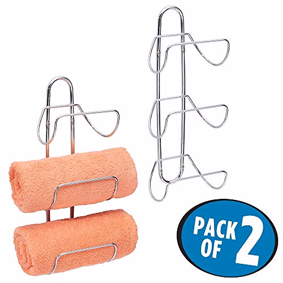 mDesign Modern Decorative Metal 3-Level Wall Mount Towel Rack Holder and Organizer for Storage of Bathroom Towels, Washcloths, Hand Towels - 2 Pack - Chrome