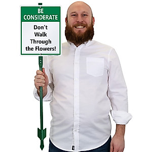SmartSign 12 x 10 inch “Be Considerate - Don’t Walk Through The Flowers” LawnBoss Yard Sign with 3 foot Stake, 40 mil Laminated Rustproof Aluminum, Green, Black and White, Set of 1, Made in USA