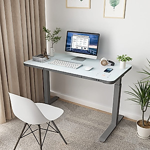 ERGOMORE Glass Standing Desk with Drawer, 45 x 23 Inches Touch Control Adjustable Height Desk with USB Ports & Wireless Charging, Dual Motor Sit Stand up Desk for Home & Office (Gray)