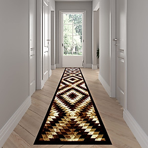 EMMA + OLIVER Olefin Accent Rug - Distressed Southwestern Diamond Motif in Brown, Beige, White & Black - 2x11 - Plush Pile - Jute Backing