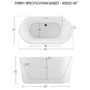 FerdY Shangri-La 55" Acrylic Freestanding Bathtub, Classic Oval Shape Soaking Bathtub with Toe-Tap Chrome Drain and Classic Slotted Overflow Included, Modern White, cUPC Certified