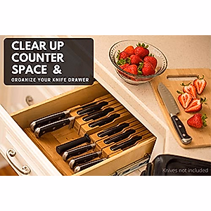 In-Drawer Bamboo Knife Block Holds 12 Knives (Not Included) Without Pointing Up PLUS a Slot for your Knife Sharpener! Noble home & chef Knife Organizer Made from Quality Moso Bamboo