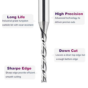 SpeTool Extra Long Spiral Router Bit Down Cut 1/8 inch Cutting Diameter, 1/4 inch Shank 3 inch OVL HRC55 Solid Carbide End Mill for Wood Cut Carving Engrave