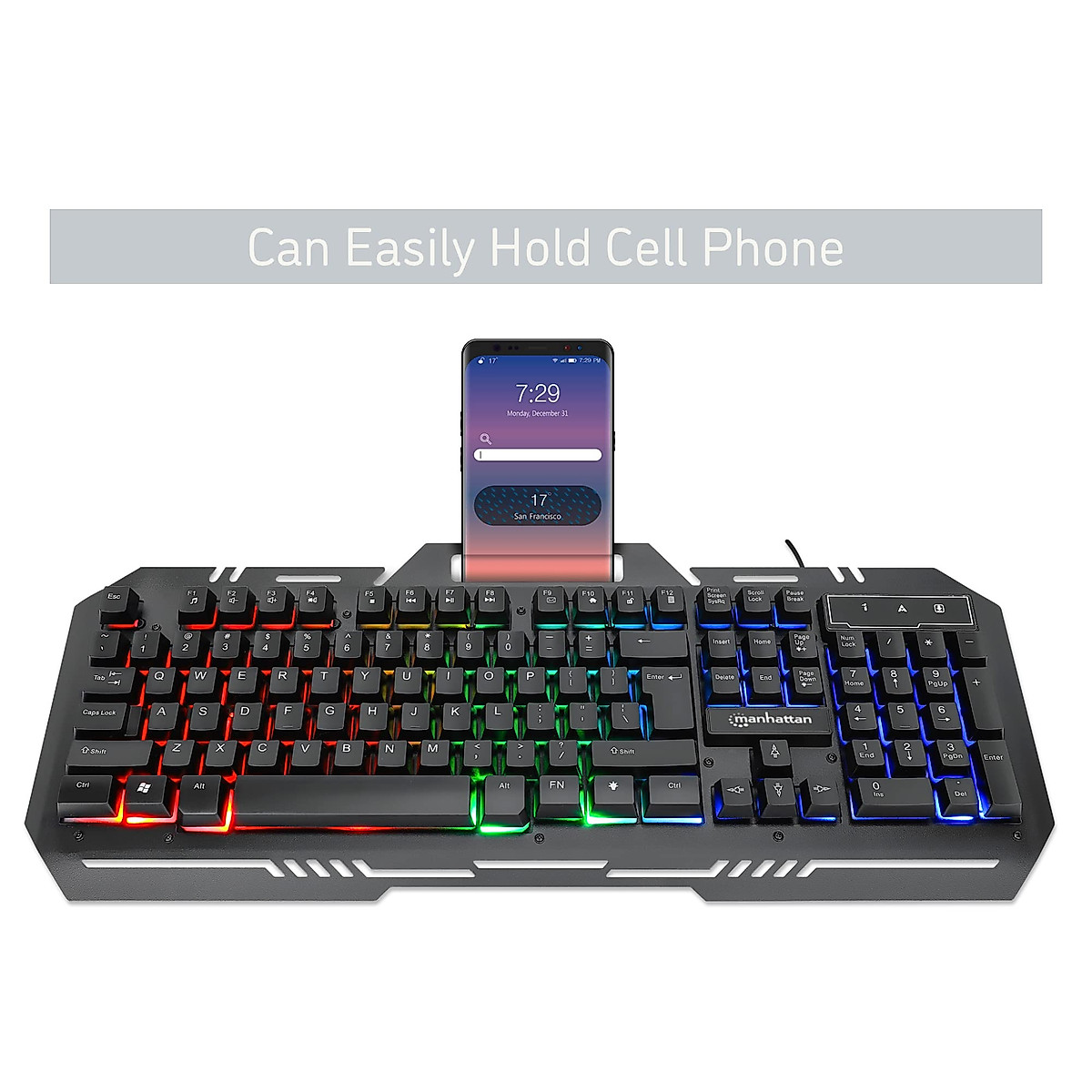 Manhattan Wired Membrane Gaming Keyboard –with Backlit RGB LED, Metal Base, IPX4 Splashproof, Phone Holder, 12 Multimedia Function Quiet Keys-for Computer, PC, Desktop, Gamer –3 Yr Mfg Warranty–180610