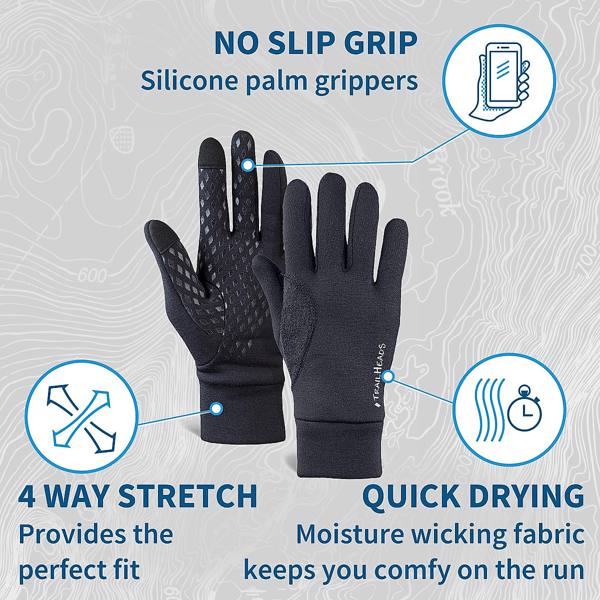 TrailHeads Men’s Running Gloves - Black Touchscreen Gloves - Lightweight Gloves - medium