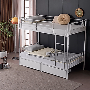 Imseigo Twin-Over-Twin Bunk Bed with Metal Frame and Ladder, Detachable Bunk BedFrame for Kids, Teens & Adults with Two Storage Drawers & Guardrail, No Box Spring Needed (White, 2 Drawers)