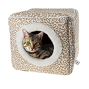 Cat Pet Bed Cave- Indoor Enclosed Covered Cavern/House for Cats Kittens and Small Pets with Removable Cushion Pad by PETMAKER, Tan/White Animal Print