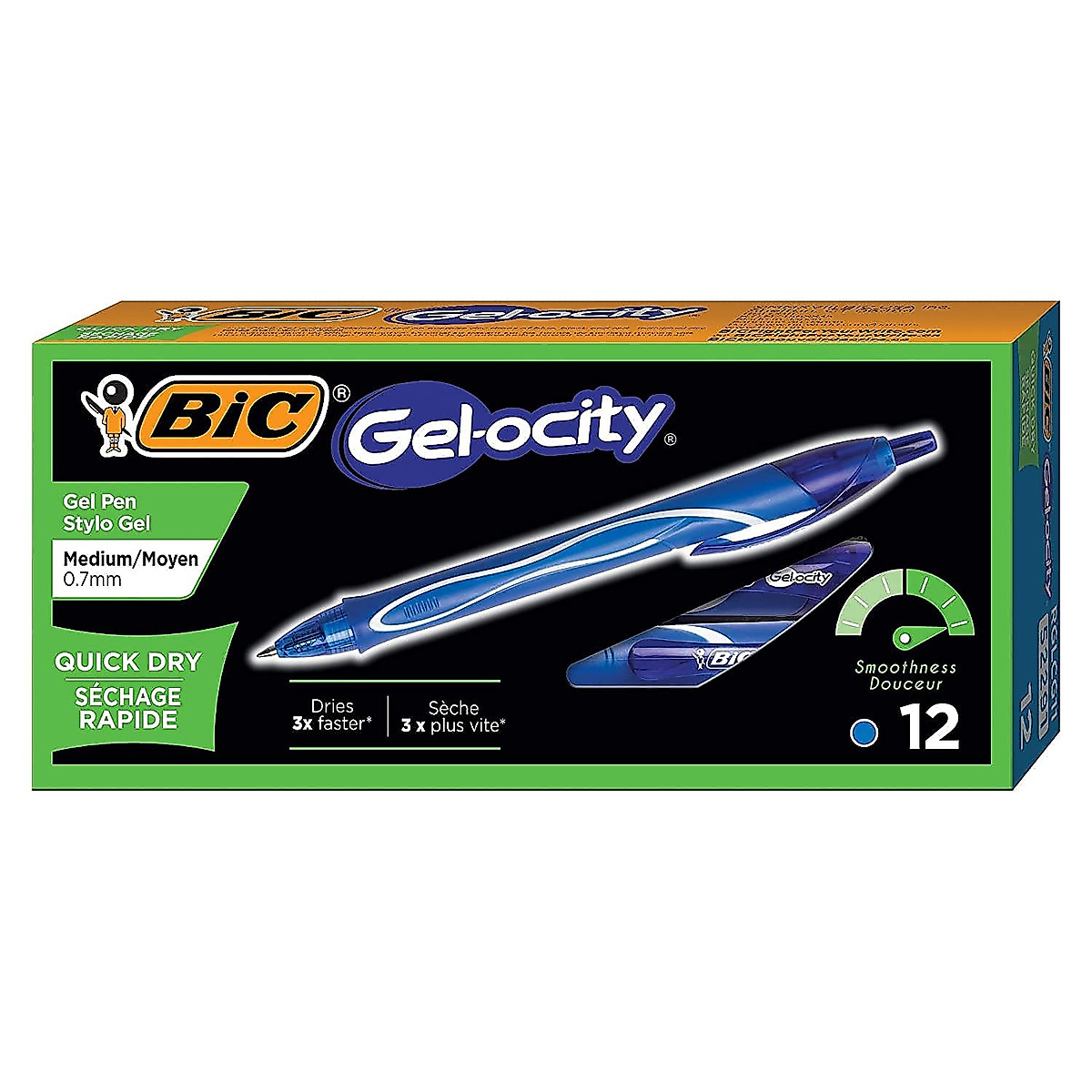 BIC RGLCG11BE Gel-ocity Quick Dry Retractable Gel, Blue Ink, Medium, 1 Dozen