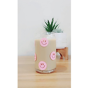 Iced Coffee Glass Cup with Bamboo Lid and Straw | 16oz Beer Can Glass | beer glass Cup | Can Shaped Glass Soda Can Cup | Pink Smiley face Glass Cup, Beer Glass Can, Glass Coffee Cup