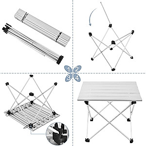 Tesouro Portable Camping Table,Folding Side Table Aluminum Top for Outdoor Cooking, Hiking, Travel, Picnic (Small, Sliver)