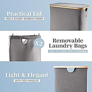 Lonbet - Gray Double Laundry Hamper with Lid, 2 Sections and Removable Bags, Hamper for Laundry 2 Compartment to Simplify Laundry Day for Busy Moms, 39.6 Gallons (3-5 Loads in a Washing Machine)