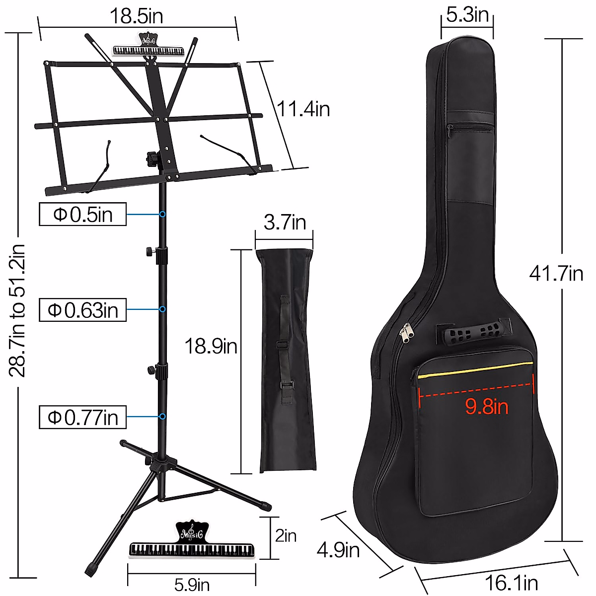 Sheet Music Stand with Guitar Stand, Guitar Gig Bag, Guitar Strap and Music Sheet Clip Holder, for Acoustic Classical Guitar, Bass(5pcs Kit)