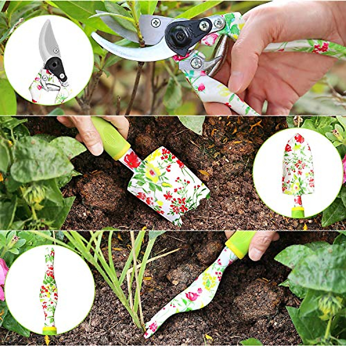 Garden Tool Set, 6 PCS Heavy Duty Aluminum Gardening Hand Tools Kit, Floral Print Gardening Tool Set, Gardening Gifts for Women with Pruning Shears Weeder Hand Rake Shovel Transplanter Cultivator
