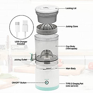 JOYIT Orange Juice Squeezer – USB Rechargeable Electric Citrus Juicer, Wireless Portable Orange Juice Machine, Premium Electric Juicer for Lemon Tomato Grape Watermelon (White)