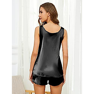 MOYEE Women Silk Pajama Set Soft Satin V Neck Tank Top and Shorts 2 Piece lounge Sets with Pockets(Black, Large)