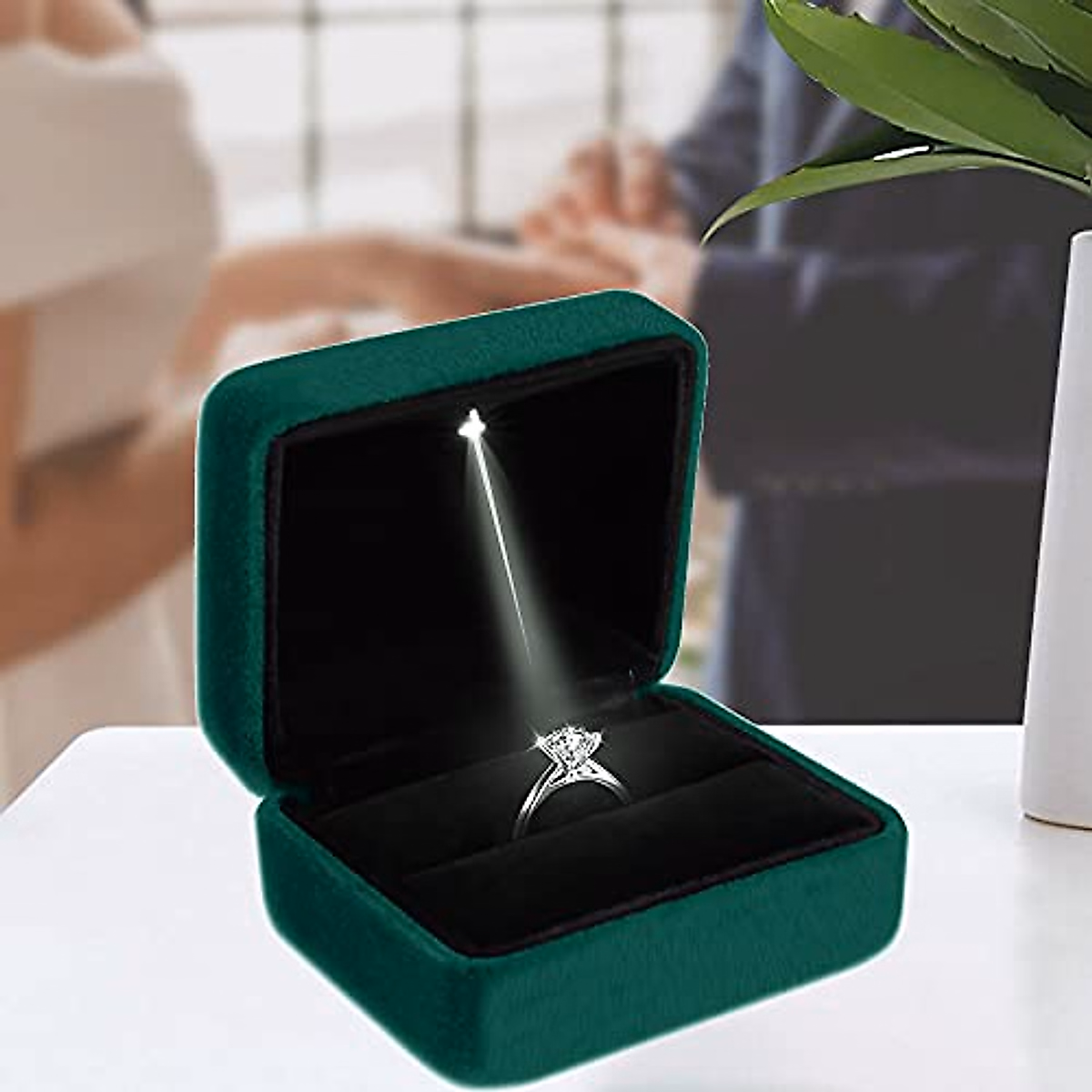 MSSZDLI Lahaima Velvet Ring Box LED Light Jewelry Gift Box Engagement and Wedding Ring Box for Presentation (Dark Green)