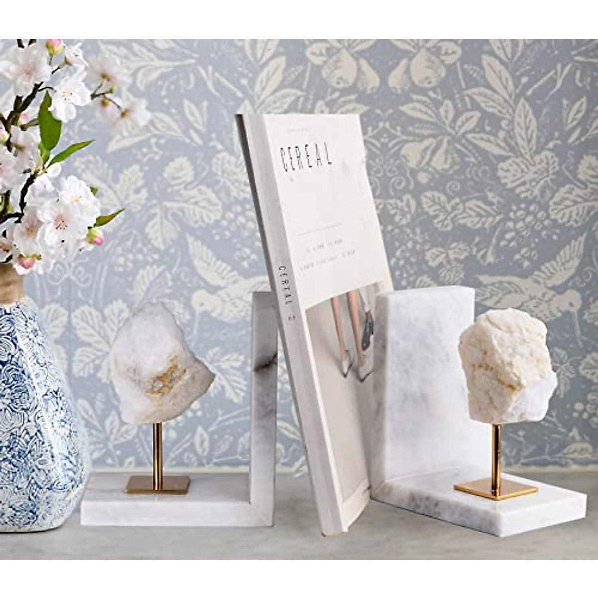 AMOYSTONE Geode Bookends Decorative White Agate Book Ends for Heavy Books Marble Bookends Shelves Decor 1 Pair 5LBS