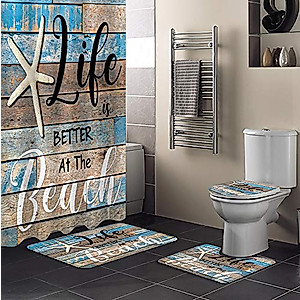 Life is Better at The Beach Starfish 4 Pcs Shower Curtain Sets with Non-Slip Bathroom Rugs Toilet Lid Cover and Bath Mat, Durable Waterproof Curtains with Hooks Rustic Wood Grain