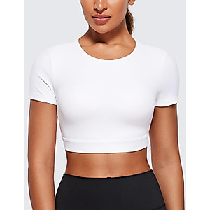 CRZ YOGA Womens Butterluxe Double Lined Open Back Crop Tops Backless Short Sleeve Workout Shirts Casual Tight T-Shirts White Medium