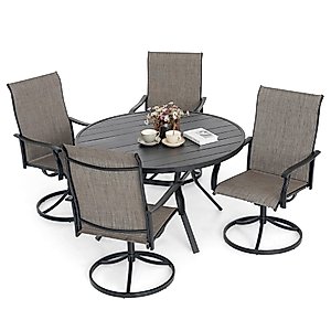 Virvla 5-Piece Outdoor Patio Dining Set, 4 Swivel Rocking Patio Chairs & 1 Large Round Dining Table for for Backyard Front Porch Pool Deck Outdoor Furniture Set - Dark Grey