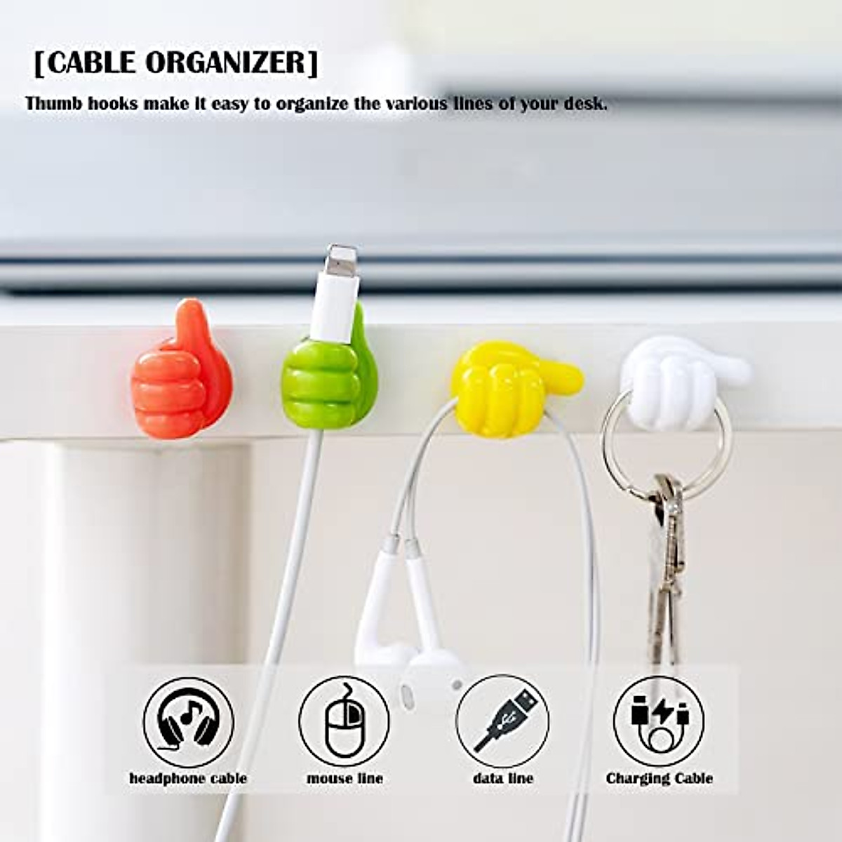 FreshDear 16pcs Self Adhesive Thumb Wall Hooks for Cables,Toothbrush Holder, Creative Adhesive Thumb Cable Clip Key Hook Wall Hangers.(8 Colors)