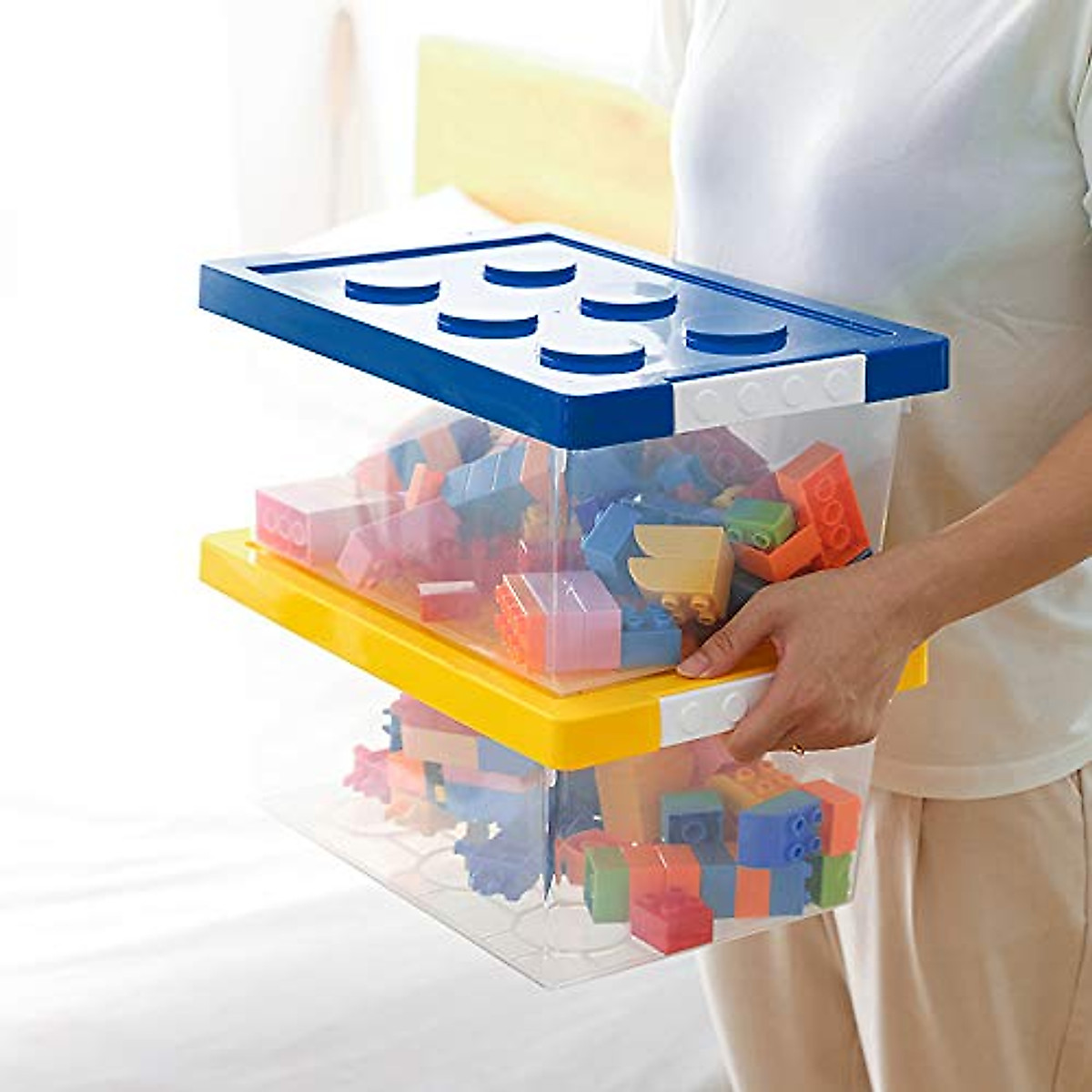 LUCKY-GO Toy Storage Organizer Bins with Lid - Stackable Plastic Organizer Box Set of 2, Kids Toy Chests with Compatible Building Baseplate and Lid, Storage Container for Building Bricks & Toys