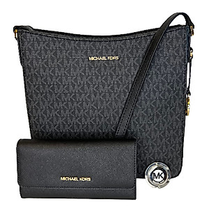 Michael Kors Jet Set Travel Large Messenger Crossbody bundle with Trifold Wallet Purse Hook (Signature MK Black Gold/Black)
