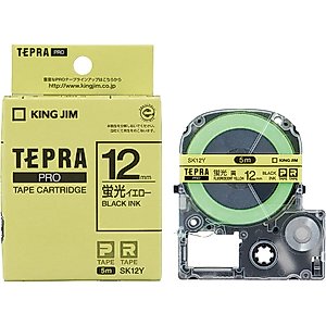 King Jim SK12Y Tepra PRO Tape Cartridge, Color Label (Fluorescent Color), 0.5 inches (12 mm), Fluorescent Yellow/Black Character, Length 16.4 ft (5 m)