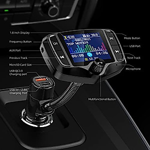 Nulaxy Bluetooth FM Transmitter, Wireless Radio Adapter Hands-Free Car Kit with 1.8 Inch Display, QC 3.0 & 5V/2.4A, USB Drive & SD Card Aux in & Out
