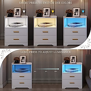 dnbss White Nightstand with Charging Station and Led Nightstand,Nightstands with 2 Drawers,Smart Bedside Table,Bed Side Table/Night Stand for Bedroom,Smart Night Stand Bedside Table Auto-Light ON