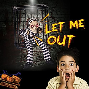 BINDUO Scary Halloween Decoration Outdoor Skull Decor with Motion Sensor Hanging Skulls Prisoner Cage Light Up Eyes Talking Spooky Spirit Halloween Animatronic Home Decor