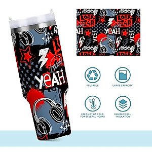 Emelivor Headphones Stars Black 40 oz Tumbler with Lid and Straw Insulated Tumblers with Handle Leak Proof Travel Coffee Mug Water Cup Bottles Fits in Car Cup Holder