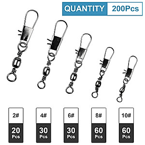 ReeMoo 200PCS Fishing Rolling Ball Bearing Barrel Swivel with Safety Snap Connector Fishing Accessories #2#4#6#8#10