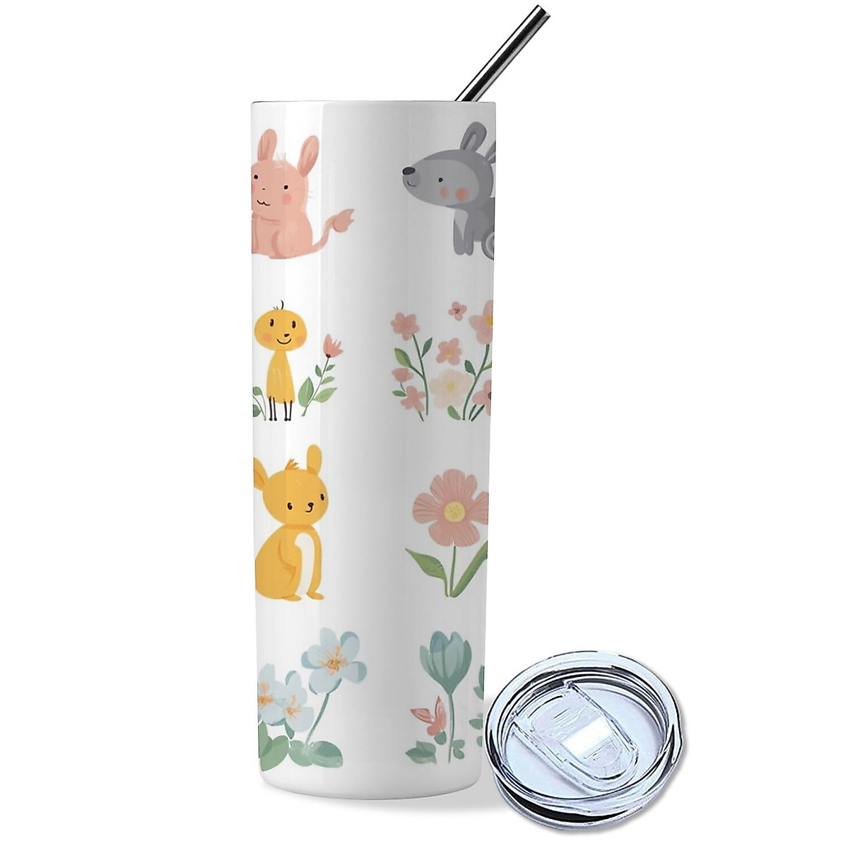 Tumbler with Lid and Straw Cute Cartoon Animals and Plants Thermos Coffee Travel Mug Cute Cups 20 oz Insulated Tumbler for Daily Holiday Decor Gift Coffee Cup