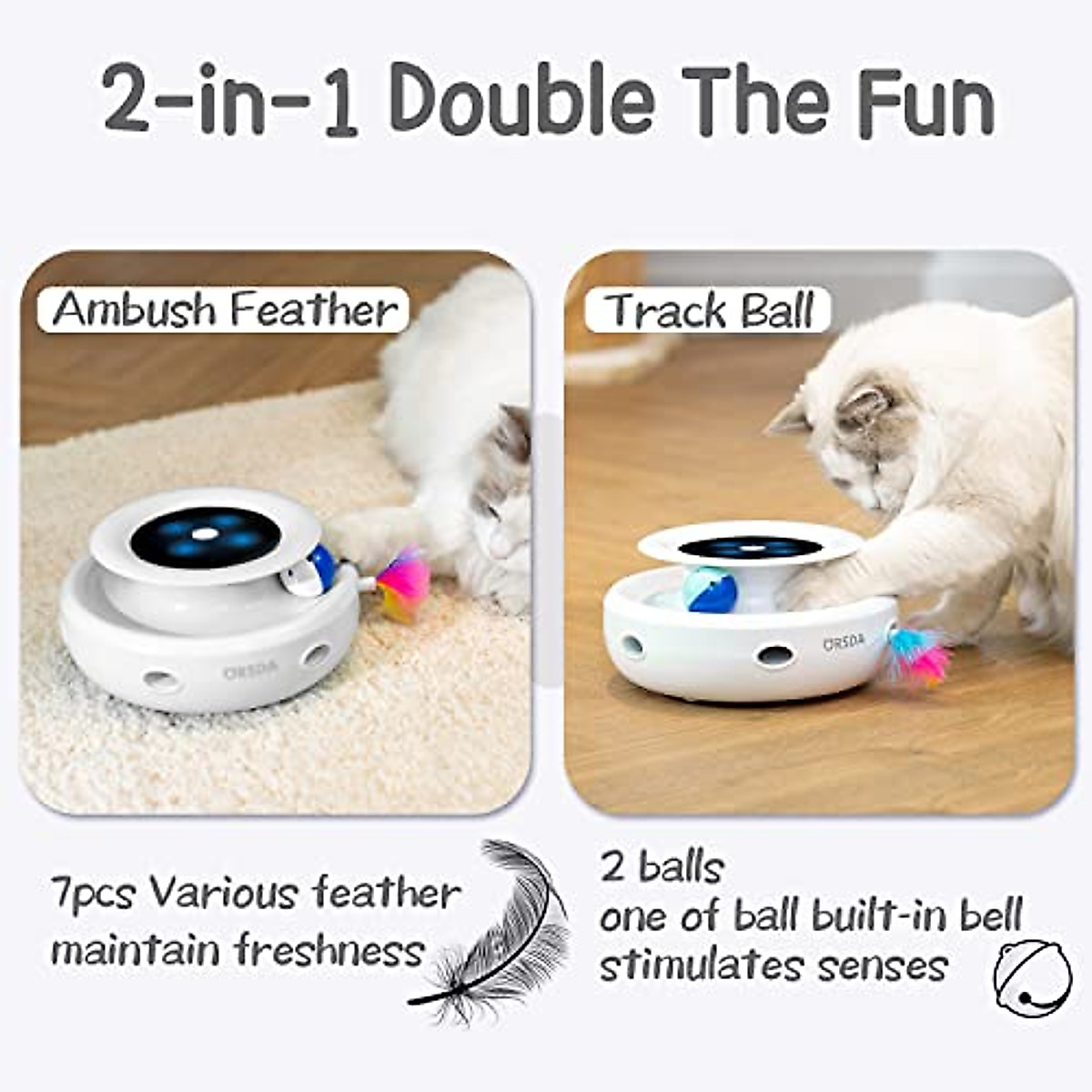 ORSDA Cat Toys 2in1 Interactive Cat Toys for Indoor Cats, Timer Auto On/Off, Cat Toy Balls & Ambush Feather Electronic Cat Toy, Cat Entertainment with 6pcs Feathers, Dual Power Supplies Cat mice Toy