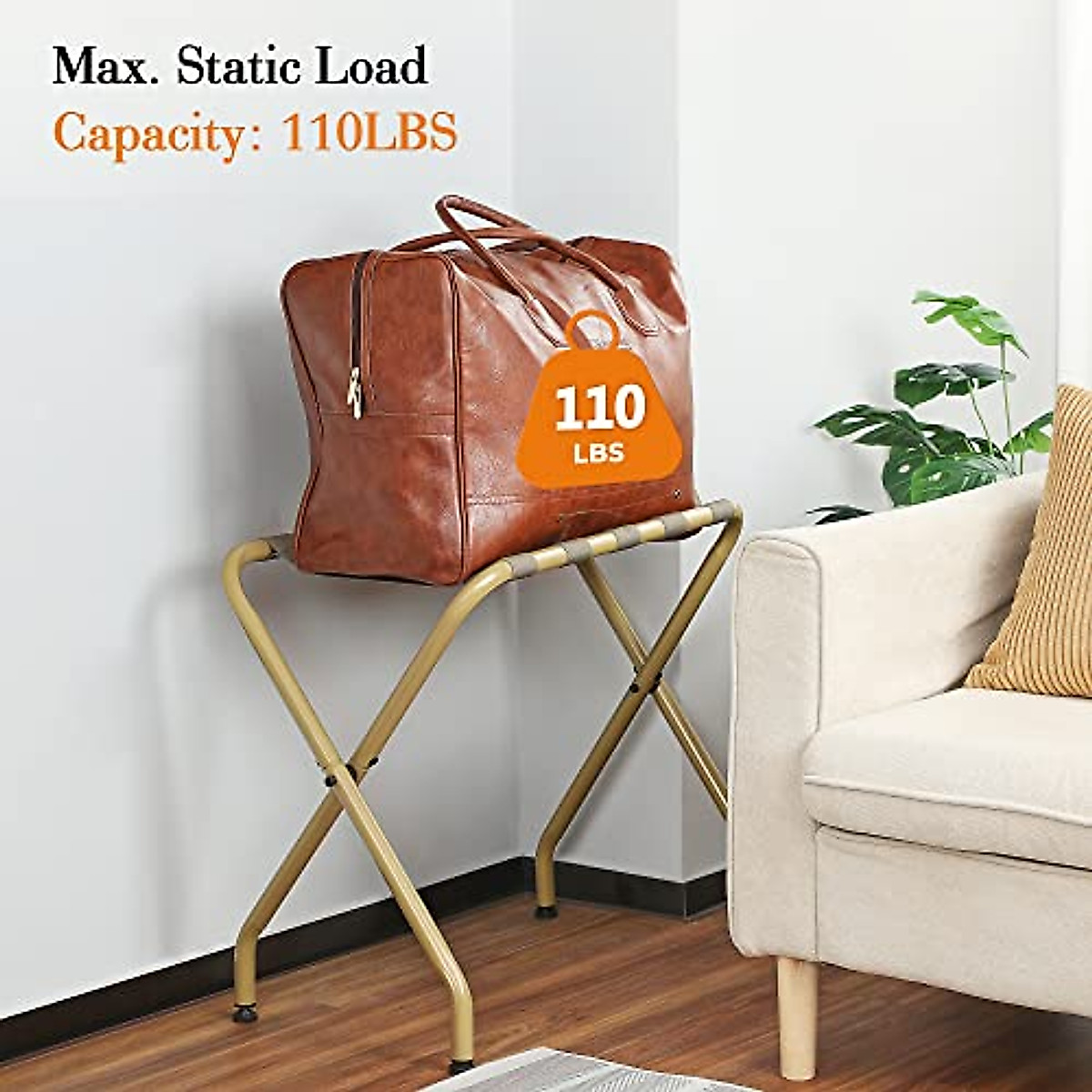 ELYKEN 2 Pack Folding Luggage Rack for Guest Room, Easily Assemble Metal Suitcase Stand, Foldable Space Saving Hotel Storage Rack,Heavy Duty Max 110LBS Loading Bearing Luggage Holder, Gold