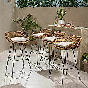Great Deal Furniture Candance Outdoor Wicker Barstools with Cushions (Set of 4), Light Brown and Beige