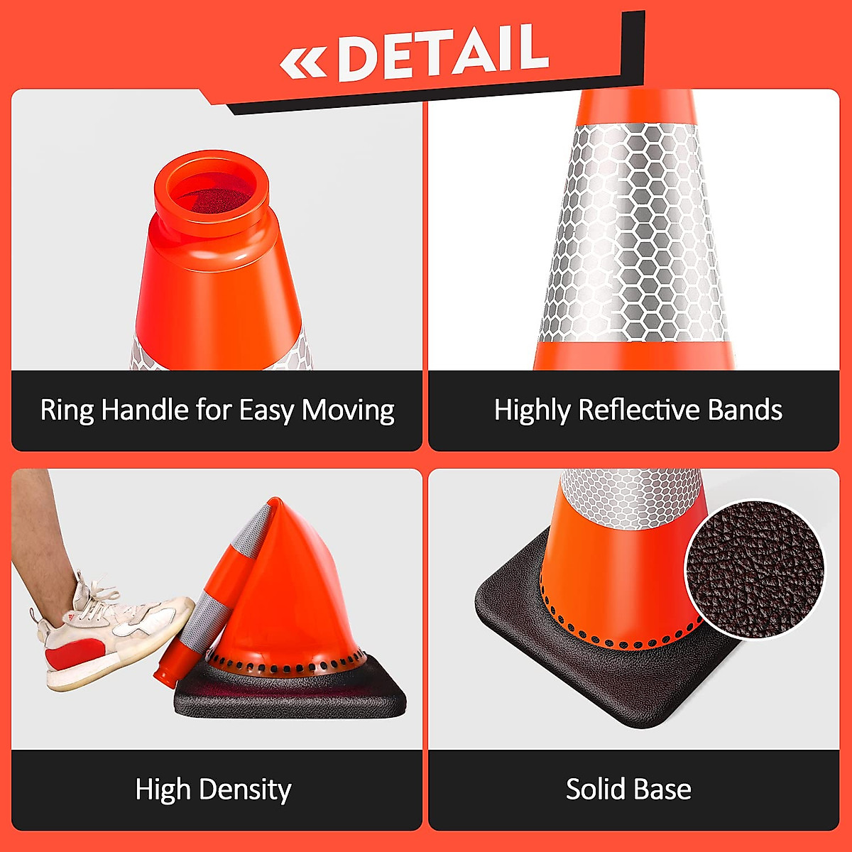 RoadHero 12 Pack Traffic Safety Cones 28 Inch, PVC Cone with Black Weighted Base, Orange Cones with Reflective Collars for Parking Lot, Road Safety, Construction Events