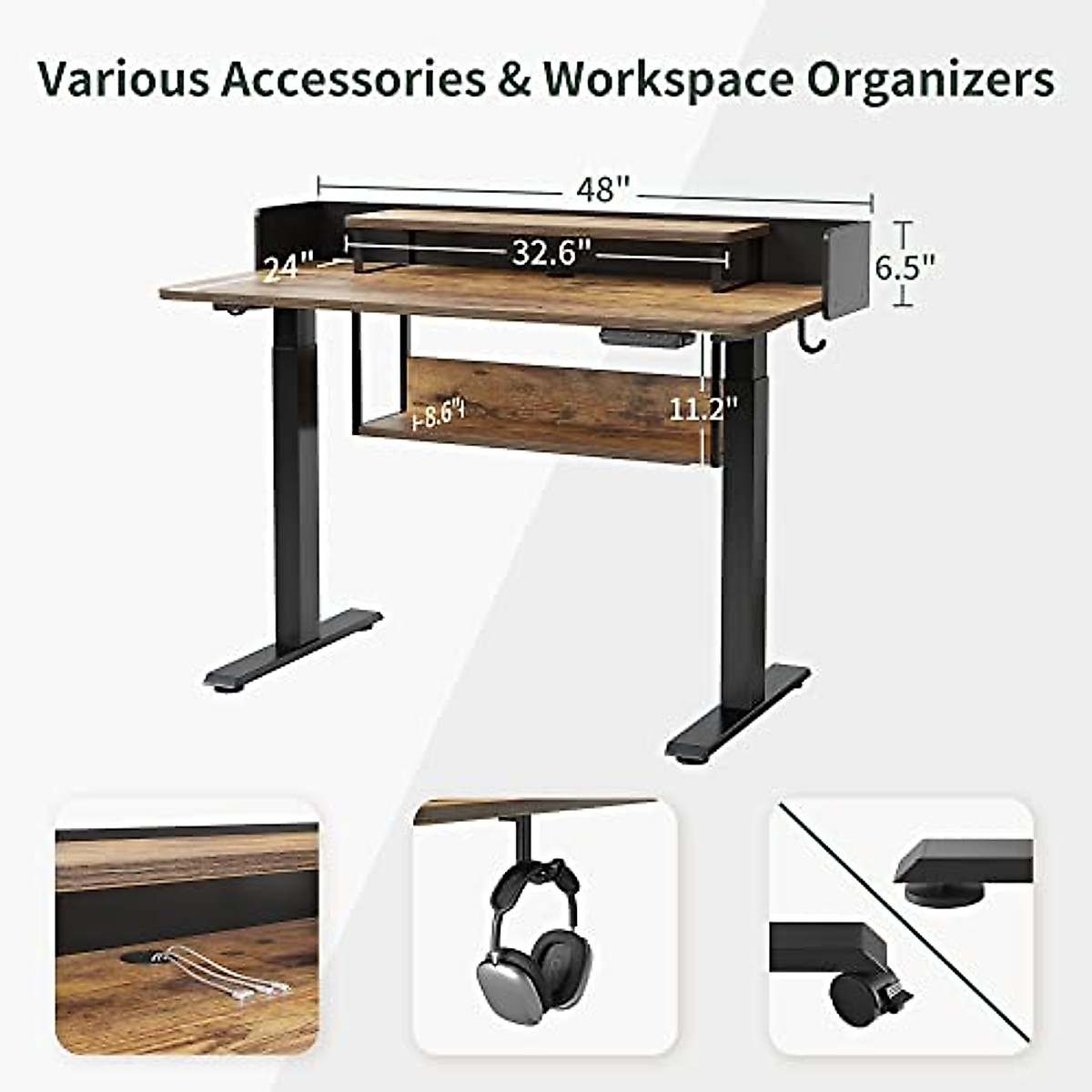 FEZIBO Electric Height Adjustable Standing Desk with Double Shelves, 48 x 24 Inch Home Office Desk with Monitor Stand and Storage, Sit Stand Lift Desk, Rustic Brown