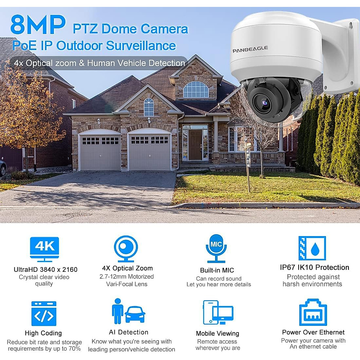 PANOEAGLE Outdoor 8MP PTZ PoE IP Camera Dome with Pan Tilt 4X Optical Zoom Motorized Lens, Built-in Mic, Human Vehicle Detection, 165ft IR Night Vision, IP67, IK10