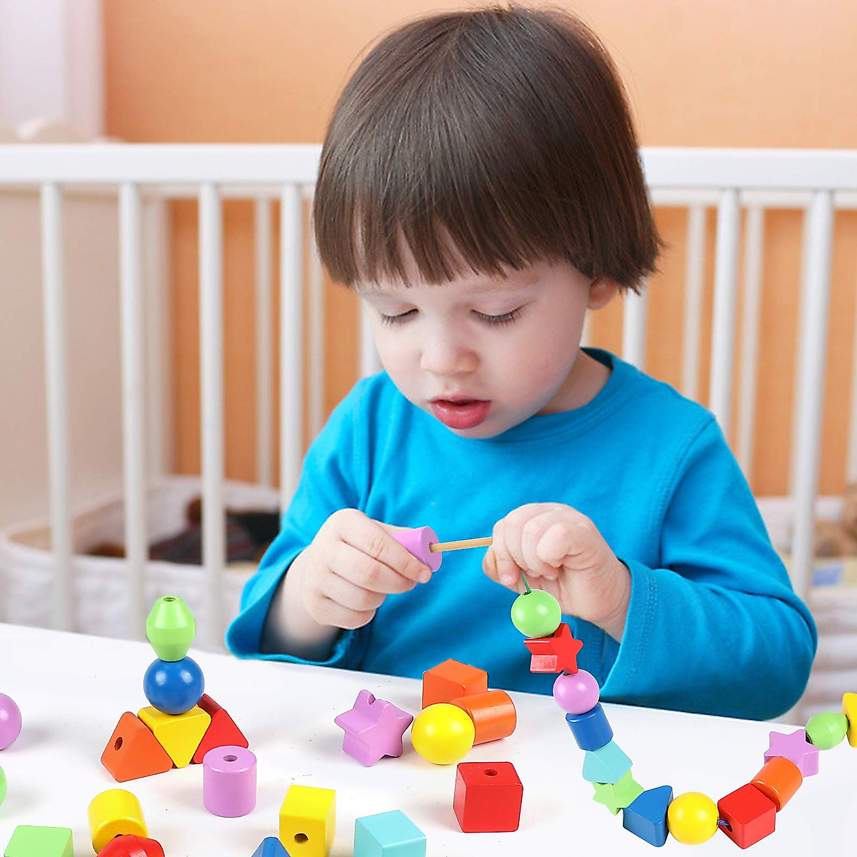 Atoylink 42PCS Lacing Beads Montessori Toys for Toddlers Wooden Primary String Threading Beads Rainbow Lacing Toy Preschool Fine Motor Skills Educational Toy for 3 4 5 6 7 8 Years Old Kids Boys Girls