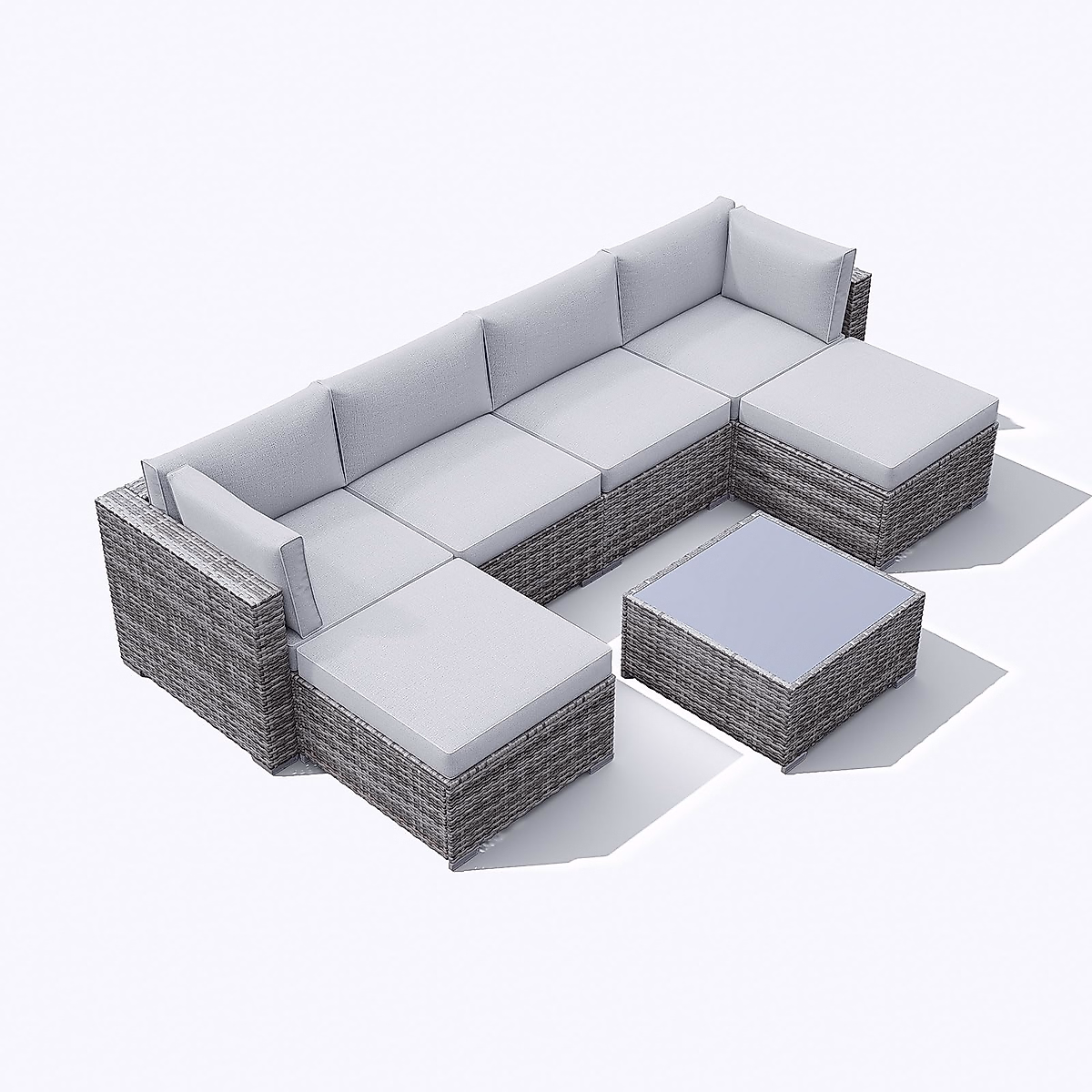 Patiorama 7 Piece Outdoor Furniture, All Weather Grey Wicker Sectional Sofa Set with Corner Sofa Chair Ottoman Table, Light Grey