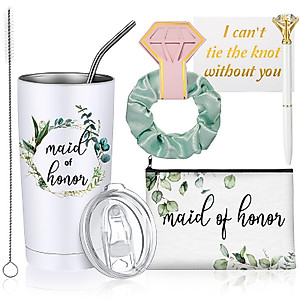 5 Pcs Wedding Proposal Gift Set Including 20 oz Tumbler Bachelorette Makeup Bag Hair Scrunchies Hair Ties Card Crystal Diamond Ballpoint Pen for Bridal Shower Wedding Party (Maid of Honor)