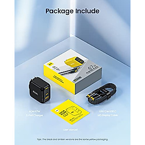65W USB C Charger, AOHI 2 Ports 67W USB C GaN Charger Power Adapter, PPS Foldable Compact PD Fast Wall Charger with 4ft USB-C Display Cable for MacBook Pro/Air, iPhone 14, iPad Pro,Galaxy, Steam Deck
