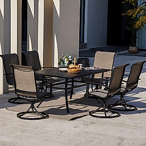 Grand patio Outdoor Swivel Dining Set of 7, 6-Piece Mesh Sling Rocking Chairs, 1-Piece Large Woodgrain Rectangular Steel Dining Table with Umbrella Hole, Mixed Coffee