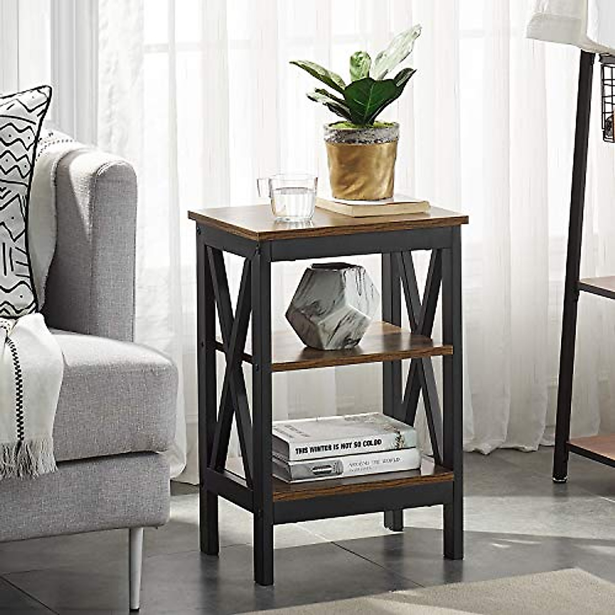 VECELO Modern Night Stand/Sofa Side/End Storage Shelf X-Design Versatile Nightstands Lamp Table Living Room Bedroom Furniture,Easy Assembly, Brown