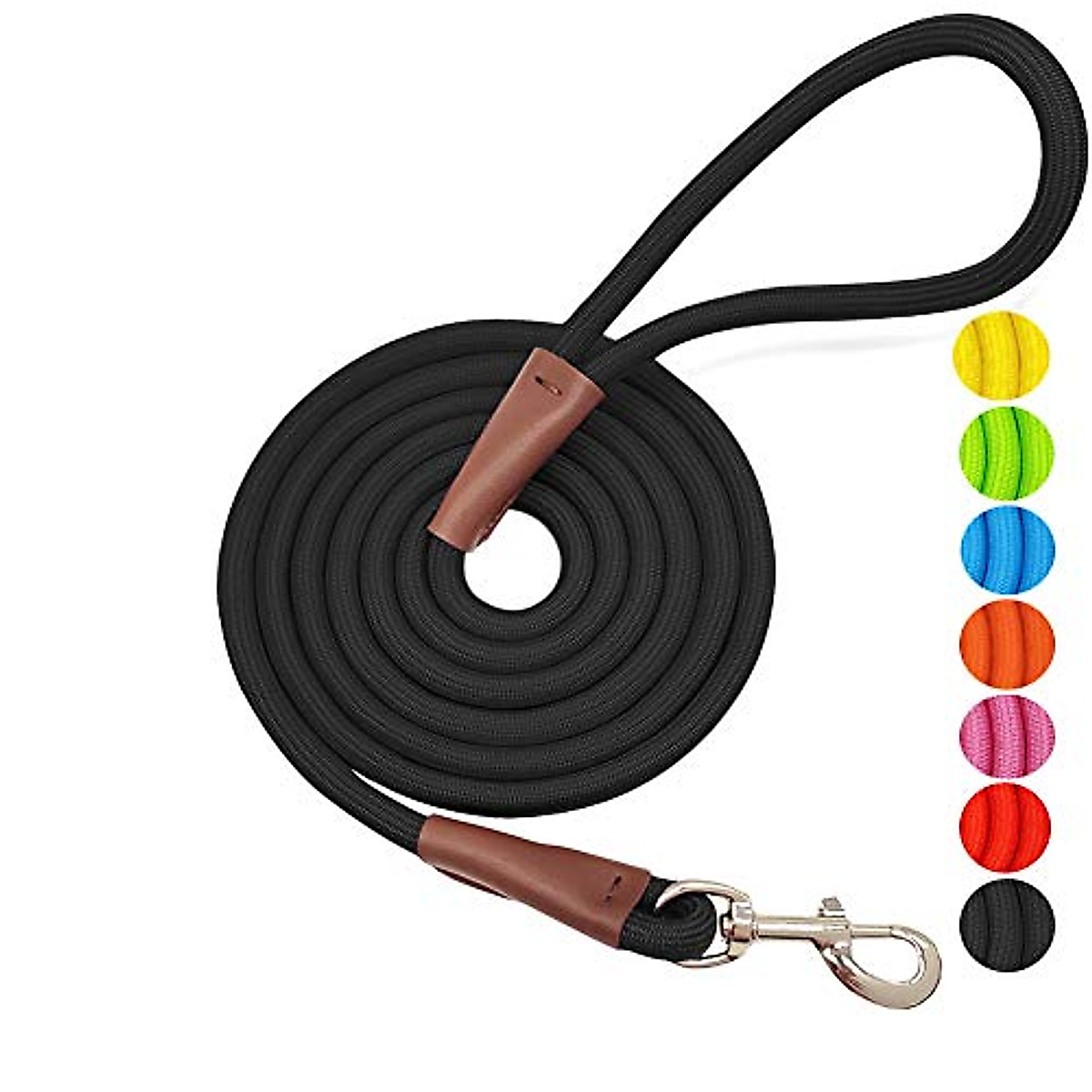 MayPaw 4FT/6FT/8FT/10FT Dog Leash, Classic Solid Colors, Durable Mountain Climbing Rope Dog Leash Reinforced with Leather Tailor Connection Heavy Duty Silver Clasp, 6 Foot Dog Leash Black
