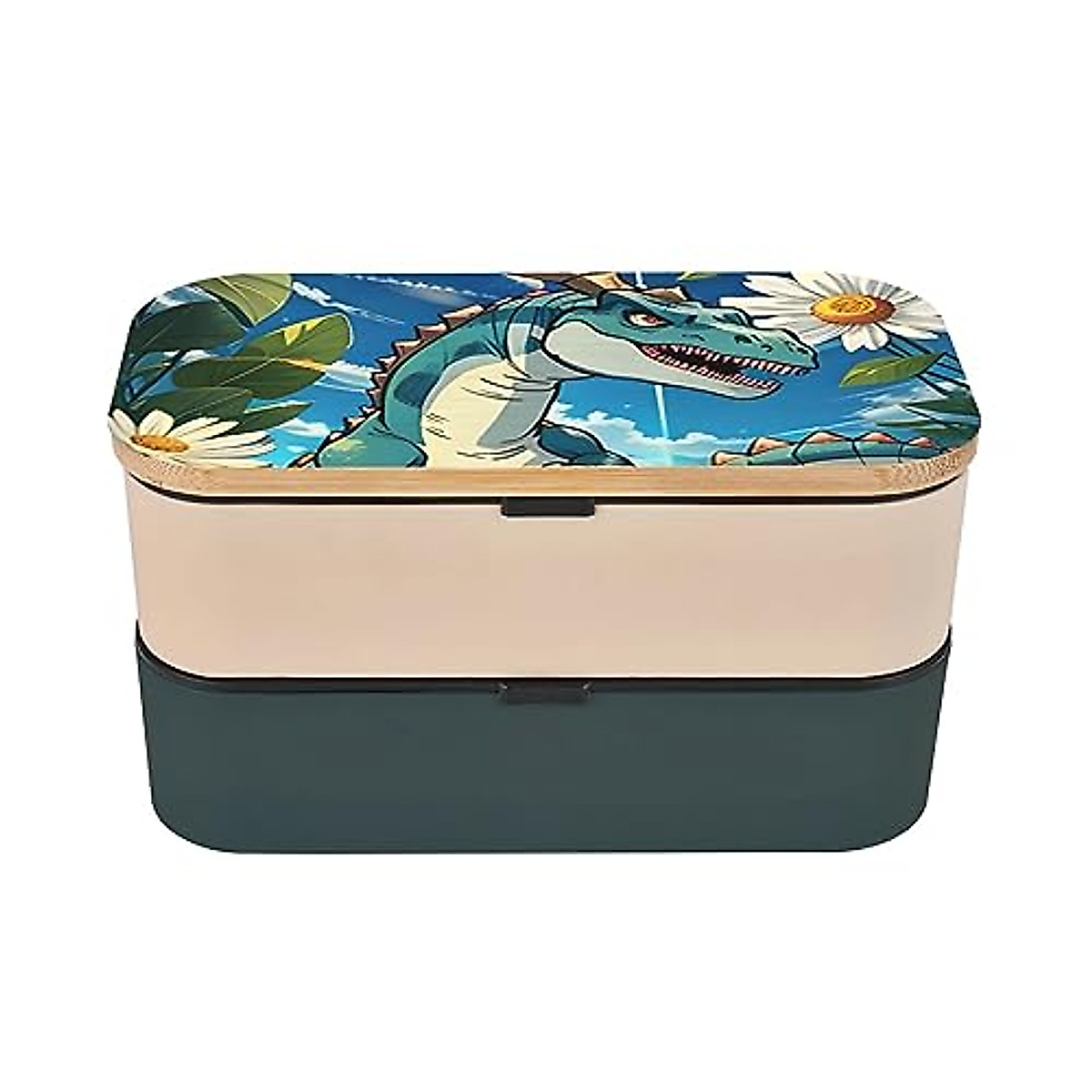 Cute Dinosaur Adult Lunch Box, Bento Box, With Cutlery Set Of 3, 2 Compartments, Rectangular, Lunch Box For Adults