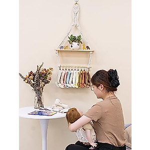 POVETIRE Macrame Hanging Shelves for Nursery for Nursery,Boho Baby Headband Holder Organizer Rope Decor Wall Hanging Decor for Toddler Girls Room